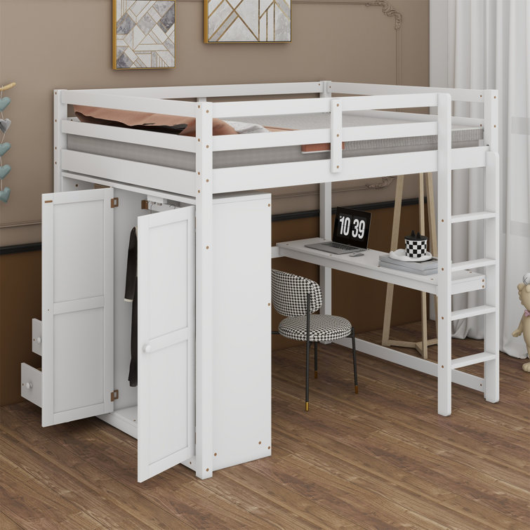 Harriet Bee Full Size Wooden Loft Bed With Built-In Wardrobe, Desk, Storage Shelves And Drawers ...